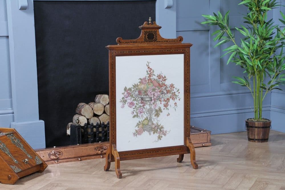 Antique Original Edwardian Oak Ebony Inlaid & Tapestry Fire Place Screen