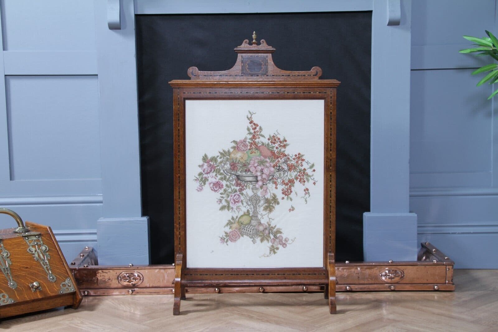 Antique Original Edwardian Oak Ebony Inlaid & Tapestry Fire Place Screen