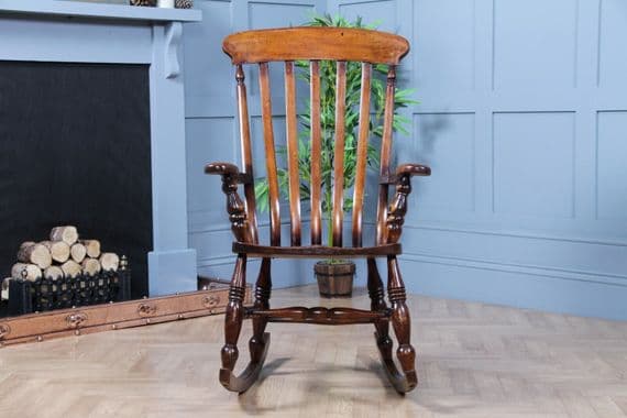 Antique Original Victorian Lath Slat Back Fireside Rocking Chair C1880