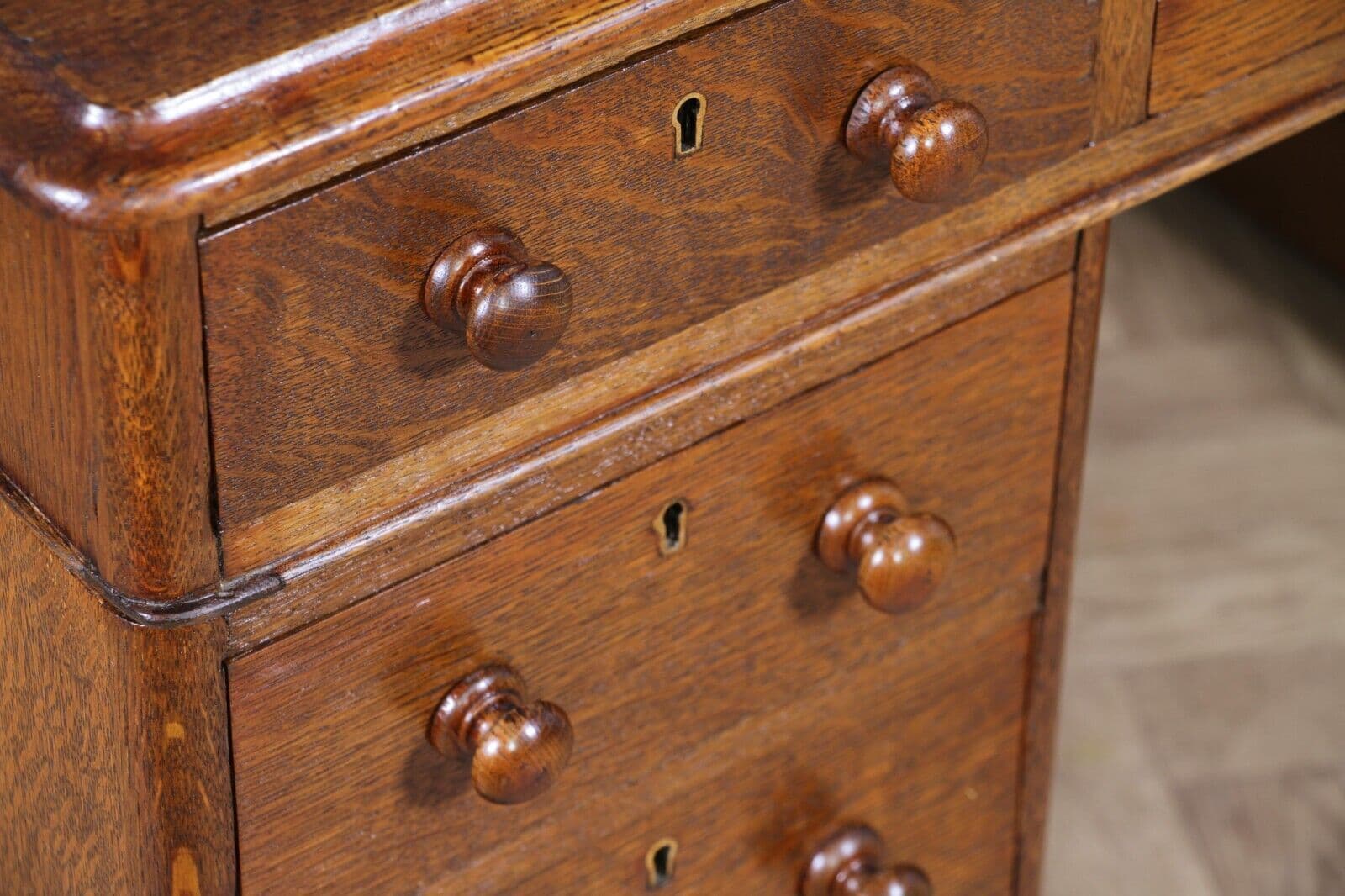 Antique Victorian Medium Oak 9 Drawer Twin Pedestal Leather Top Writing ...
