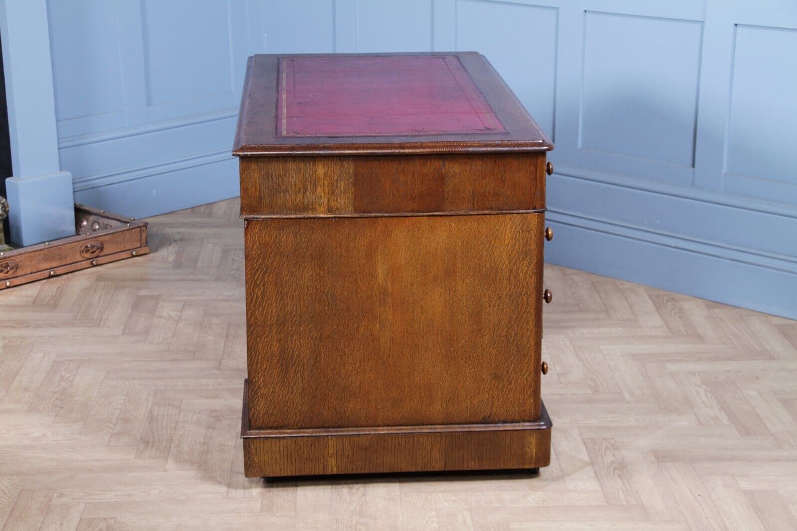 Antique Victorian Medium Oak 9 Drawer Twin Pedestal Leather Top Writing ...
