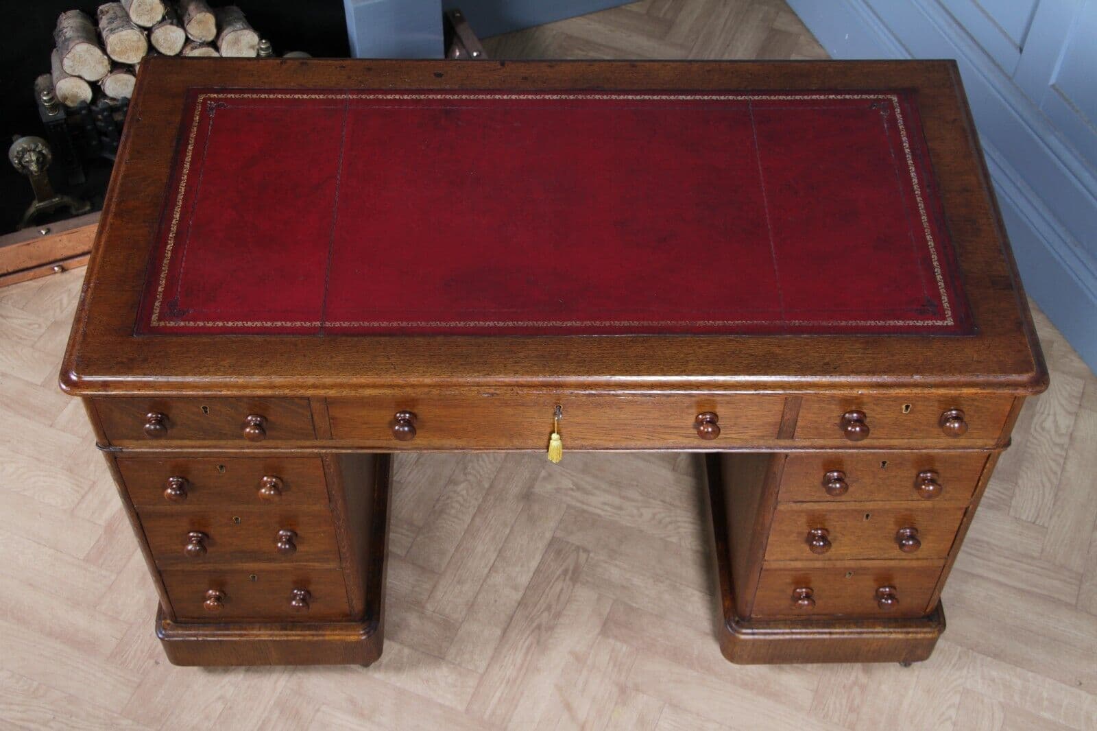 Antique Victorian Medium Oak 9 Drawer Twin Pedestal Leather Top Writing ...