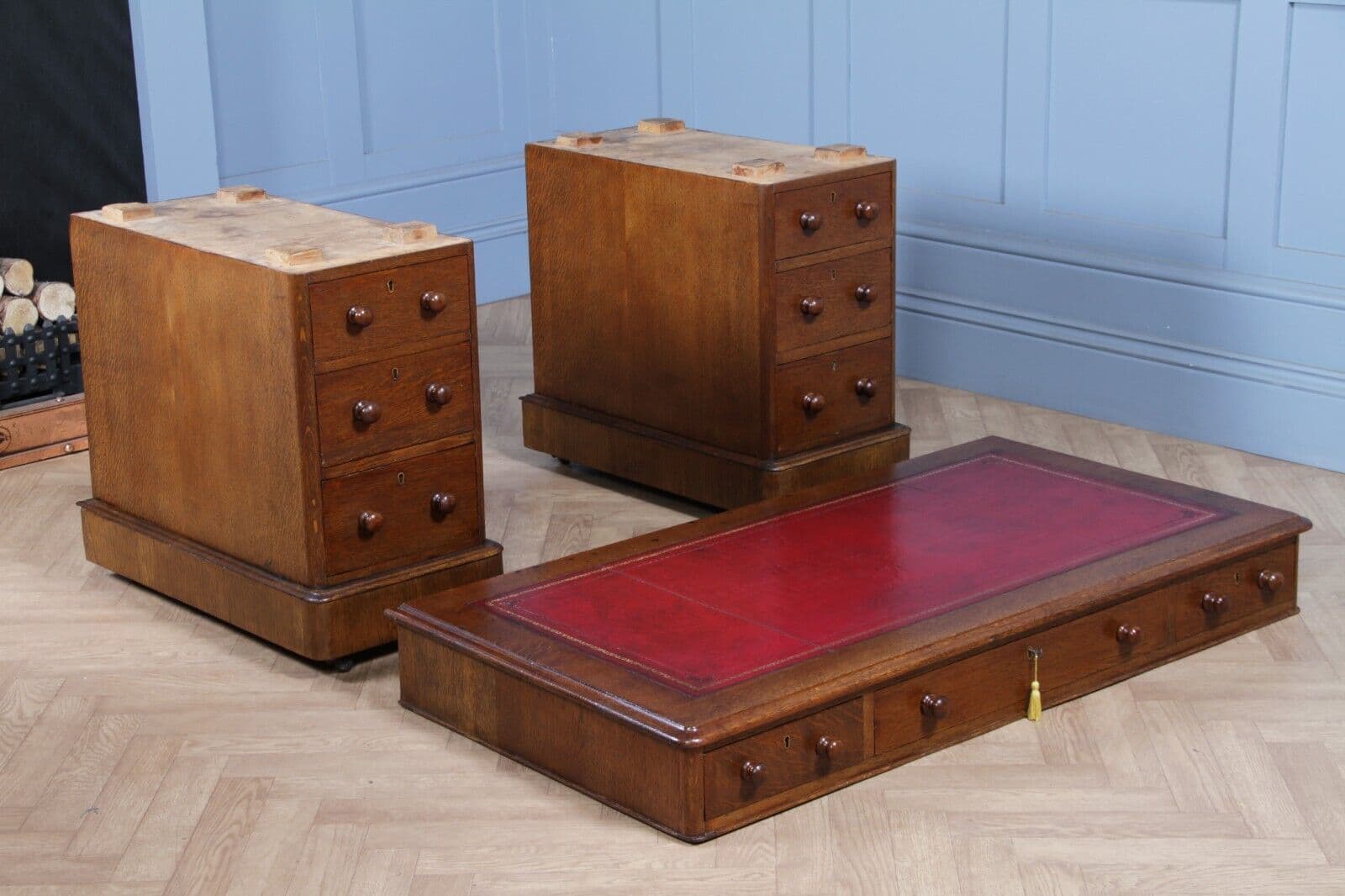 Antique Victorian Medium Oak 9 Drawer Twin Pedestal Leather Top Writing ...