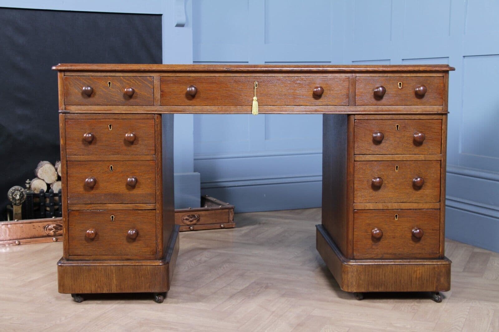 Antique Victorian Medium Oak 9 Drawer Twin Pedestal Leather Top Writing ...