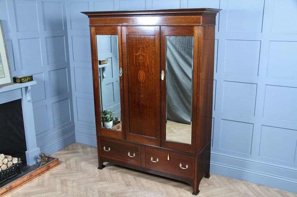 Original Antique Edwardian Inlaid Mahogany Double Wardrobe With Drawers ...