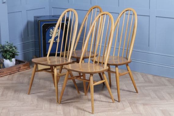 Set of 4 1960s Ercol Windsor Blonde Quaker Chairs Original Vintage Elm Model 365