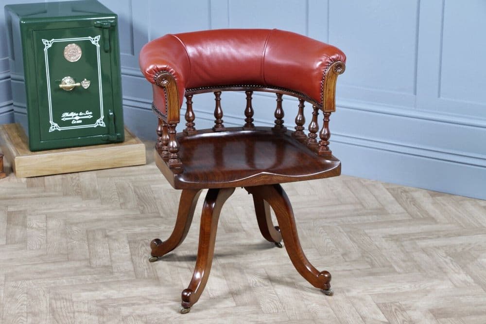 Victorian Walnut Revolving Leather Captains Arm Chair Library Office ...