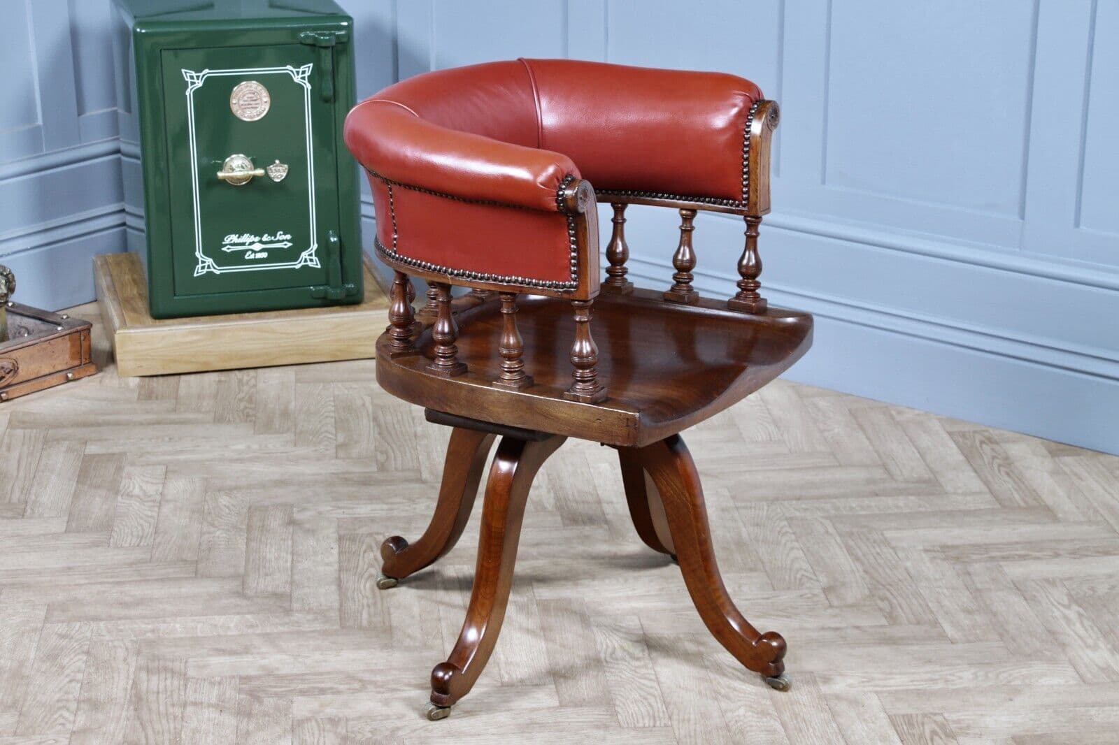 Victorian Walnut Revolving Leather Captains Arm Chair Library Office ...