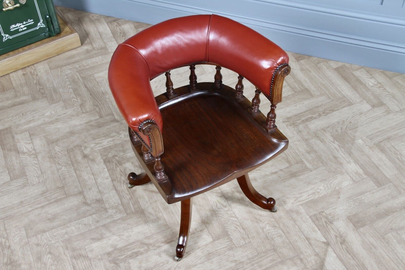 Victorian Walnut Revolving Leather Captains Arm Chair Library Office ...