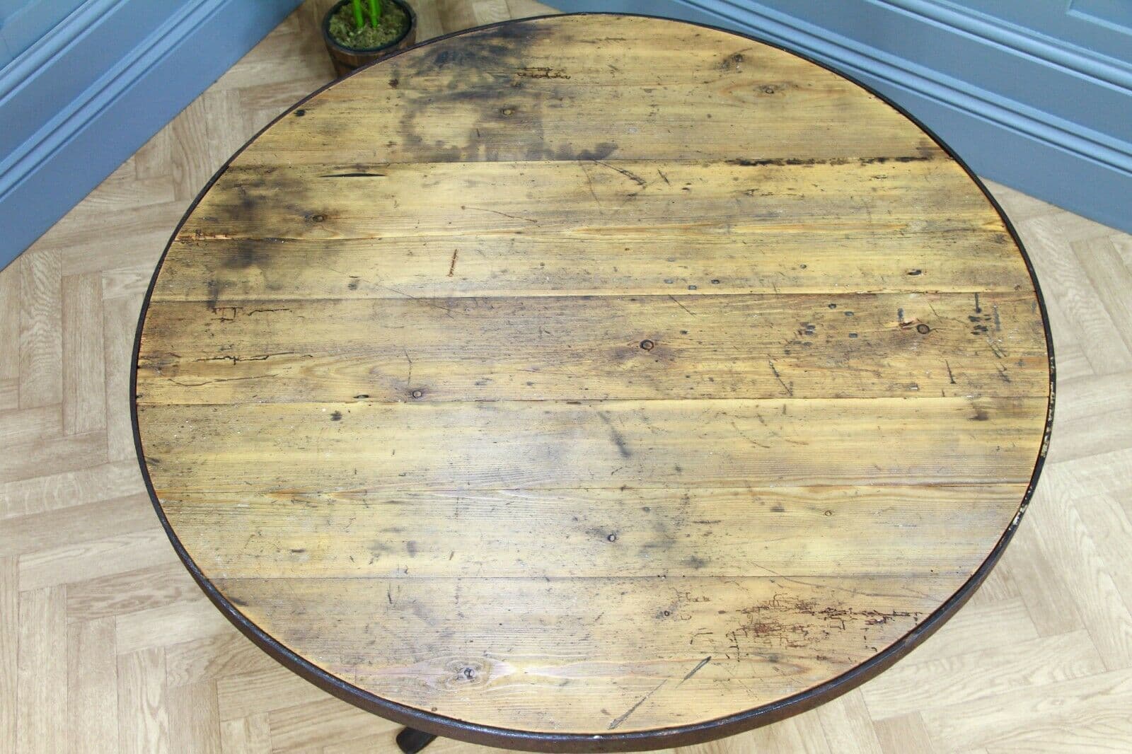 Vintage Industrial Adjustable Height Cast Iron Round Dining Table Reclaimed