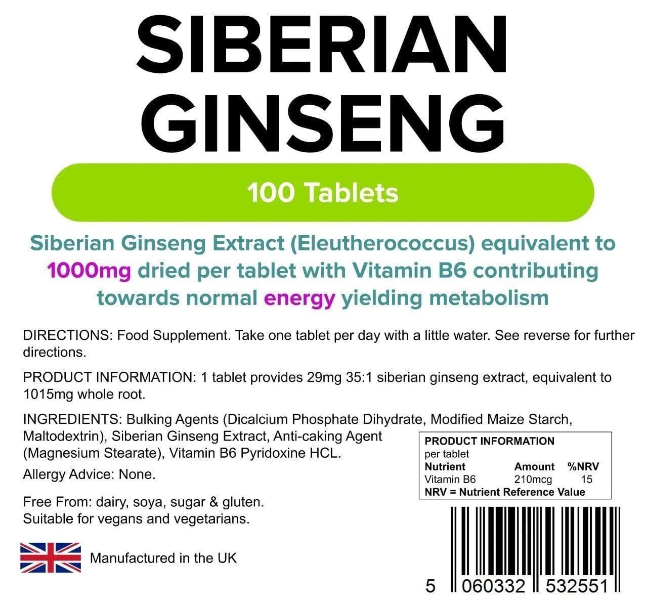 Siberian Ginseng 1000mg Tablets 100 Tablets