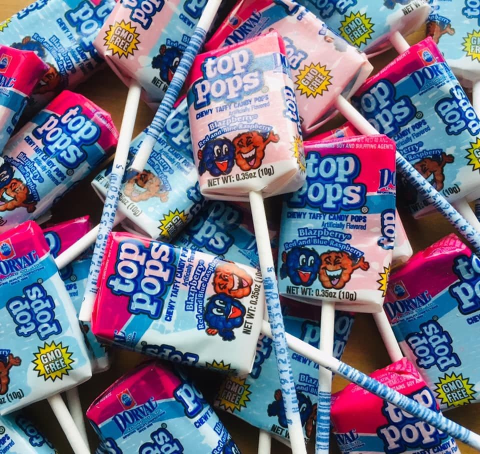 Top Pops Red & Blue Raspberry Taffy Lollipop