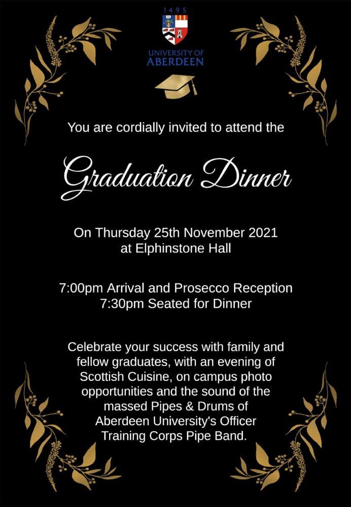 Graduation Celebration Dinner Thursday 25th November 2021