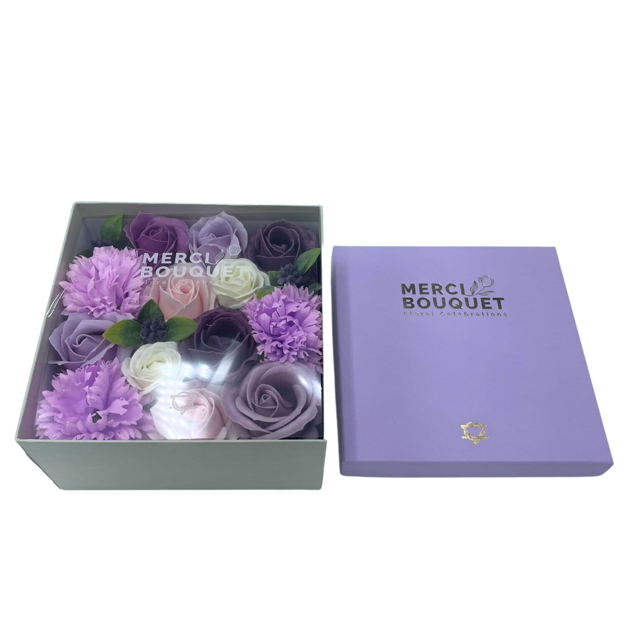 Lavender Rose & Carnation Soap Flowers Square Box | Soap Flower Shop ...