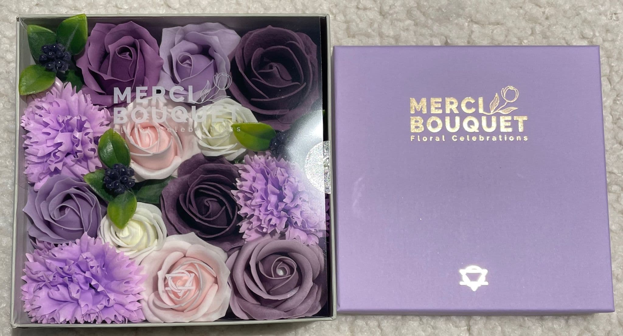 Lavender Rose & Carnation Soap Flowers Square Box | Soap Flower Shop ...