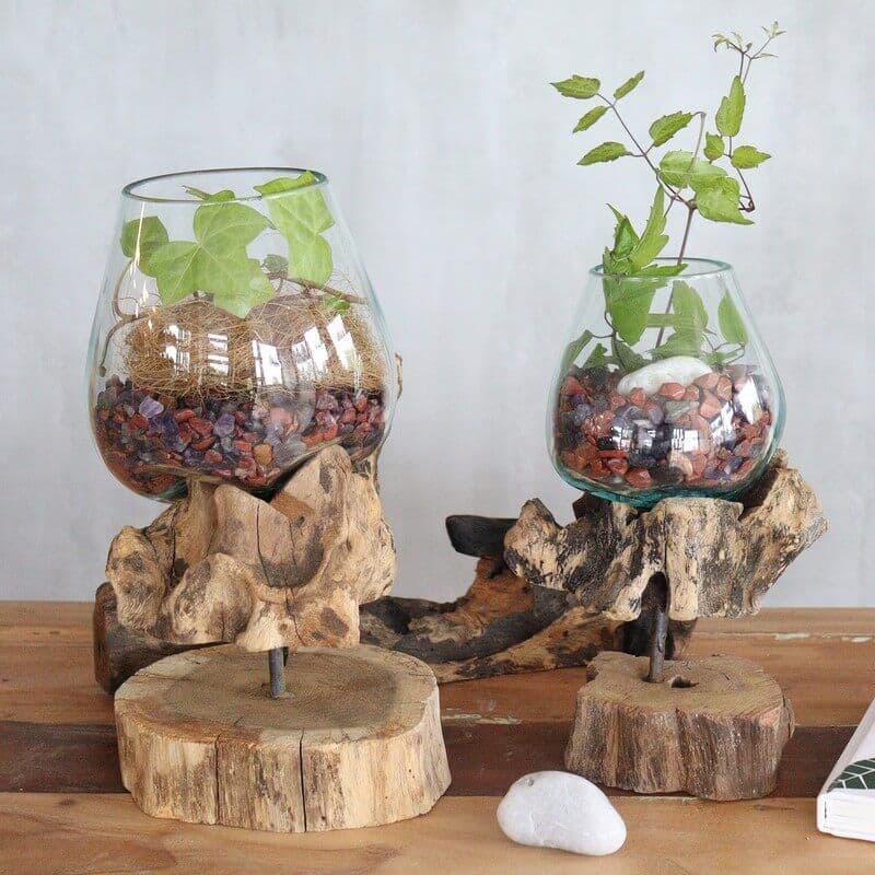 Recycled Molten Glass Bowl On Gamal Wood Stand - Large