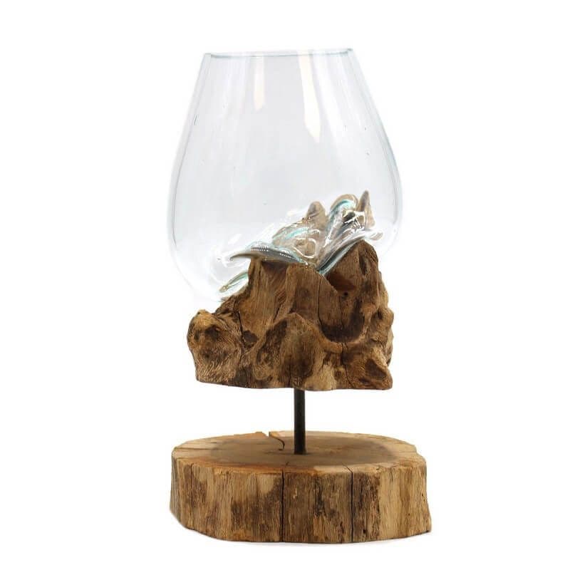 Recycled Molten Glass Bowl On Gamal Wood Stand - Large