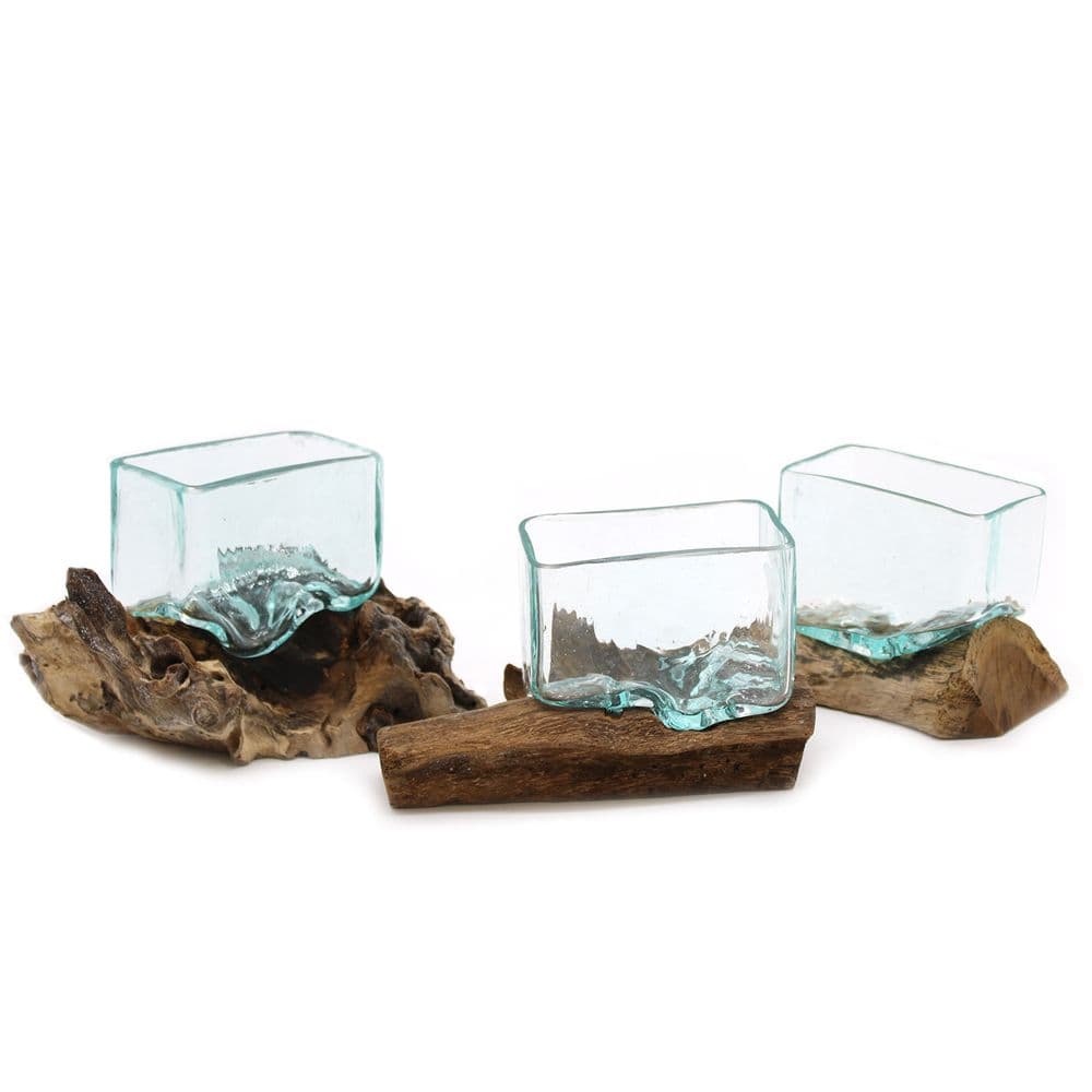 Recycled Molten Glass Tank On Gamal Wood Stand - Small