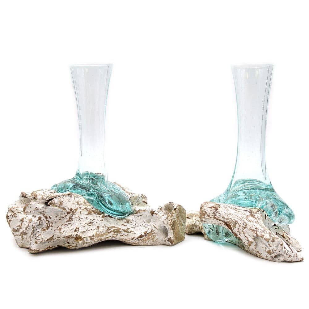 Recycled Molten Glass Vase On Whitewash Gamal Wood - Medium
