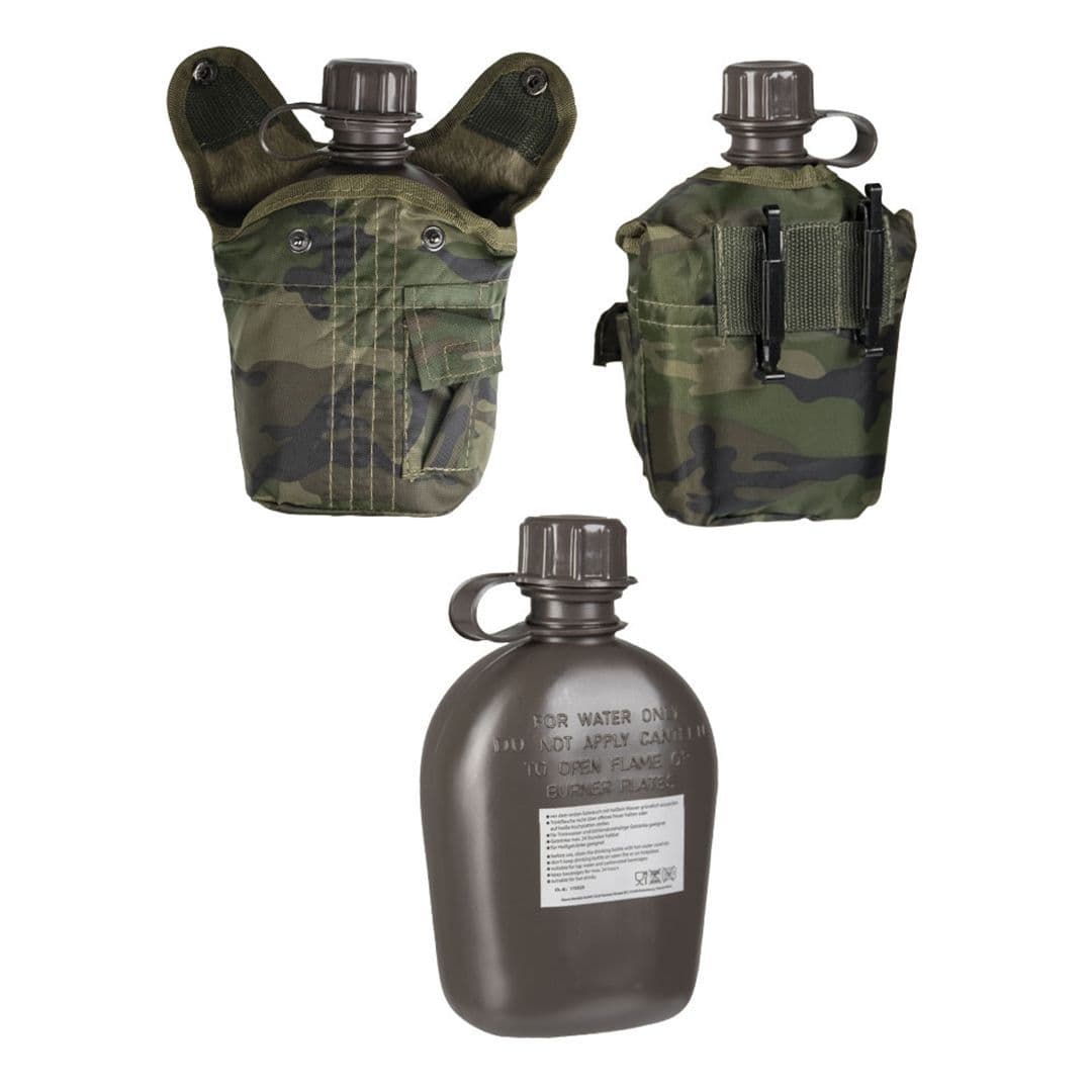 Mil-Tec 1L US Army Style Canteen Water Bottle with Cover Woodland Camo