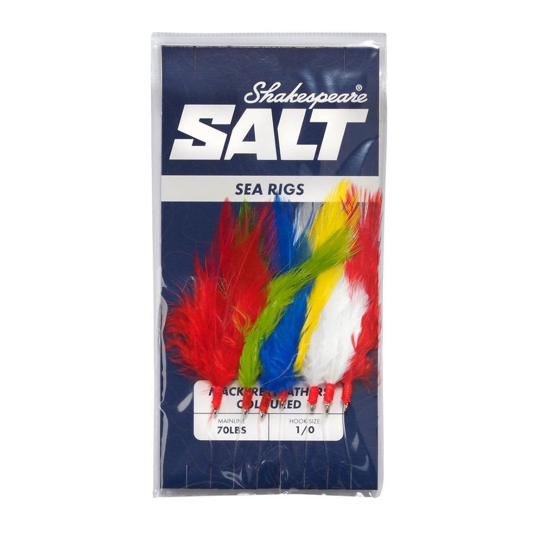 Shakespeare SALT Sea Rig Coloured Mackerel Feathers Fishing Lures Cod ...