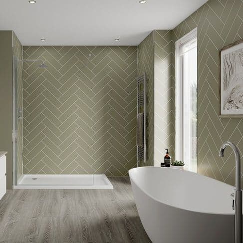 Sage Green Herringbone Tile Bathroom and Shower Panel
