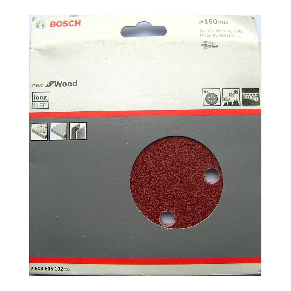 Bosch 6 x 150mm Sanding Discs Best for Wood Red 60 120 240 Grit Mixed Pack