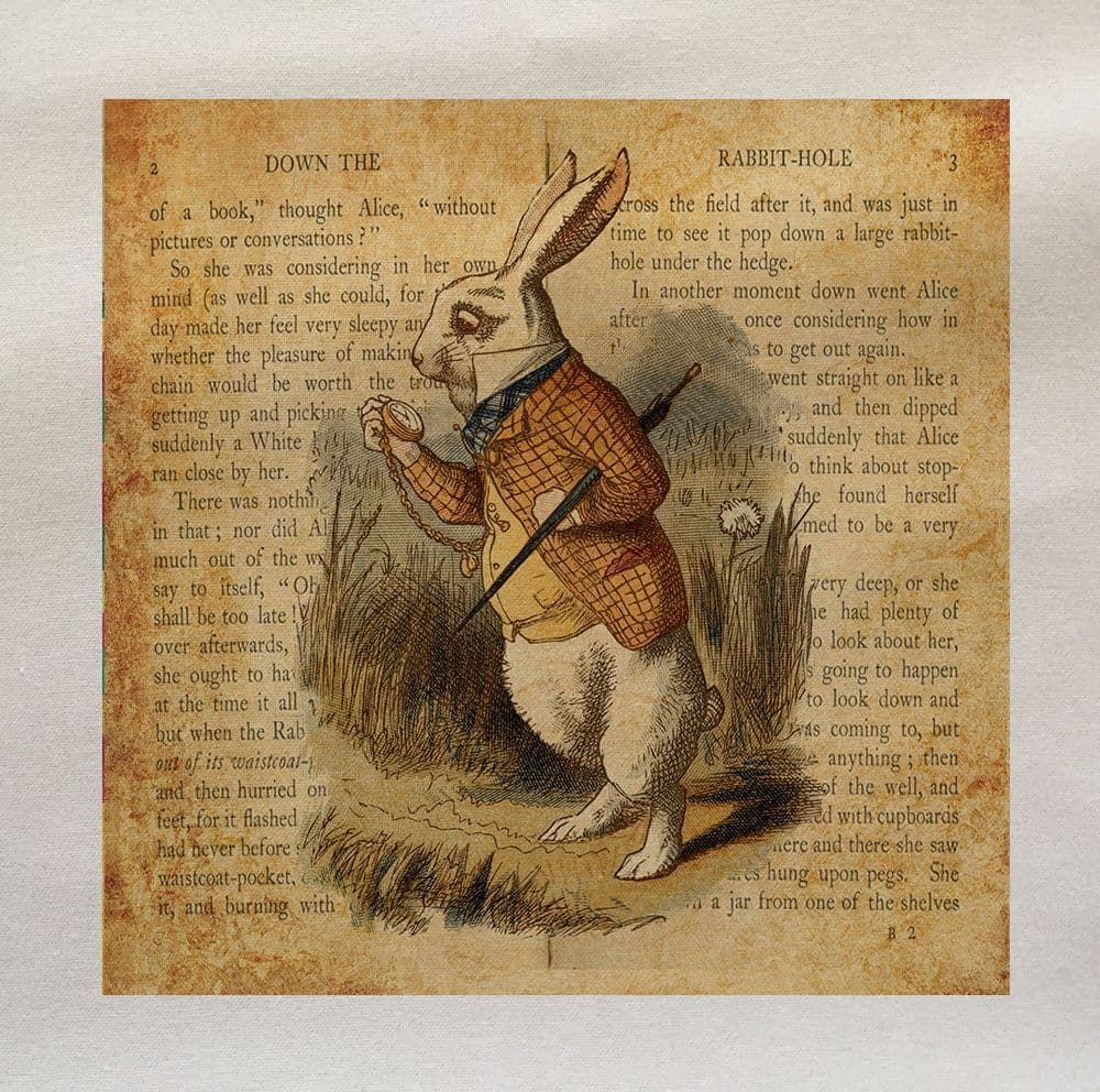 Alice Wonderland White Rabbit Book Fabric Panel
