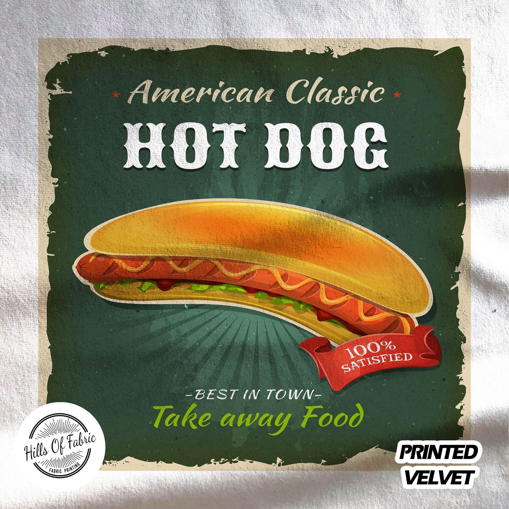 american classic hot dog advertisement printed fabric pannel 1