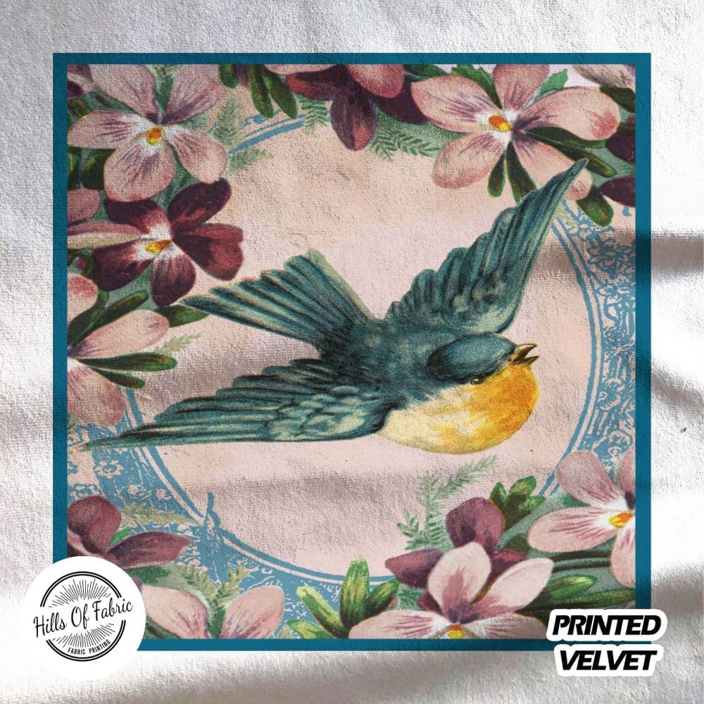 Blue bird pink blossom flowers - printed fabric panel