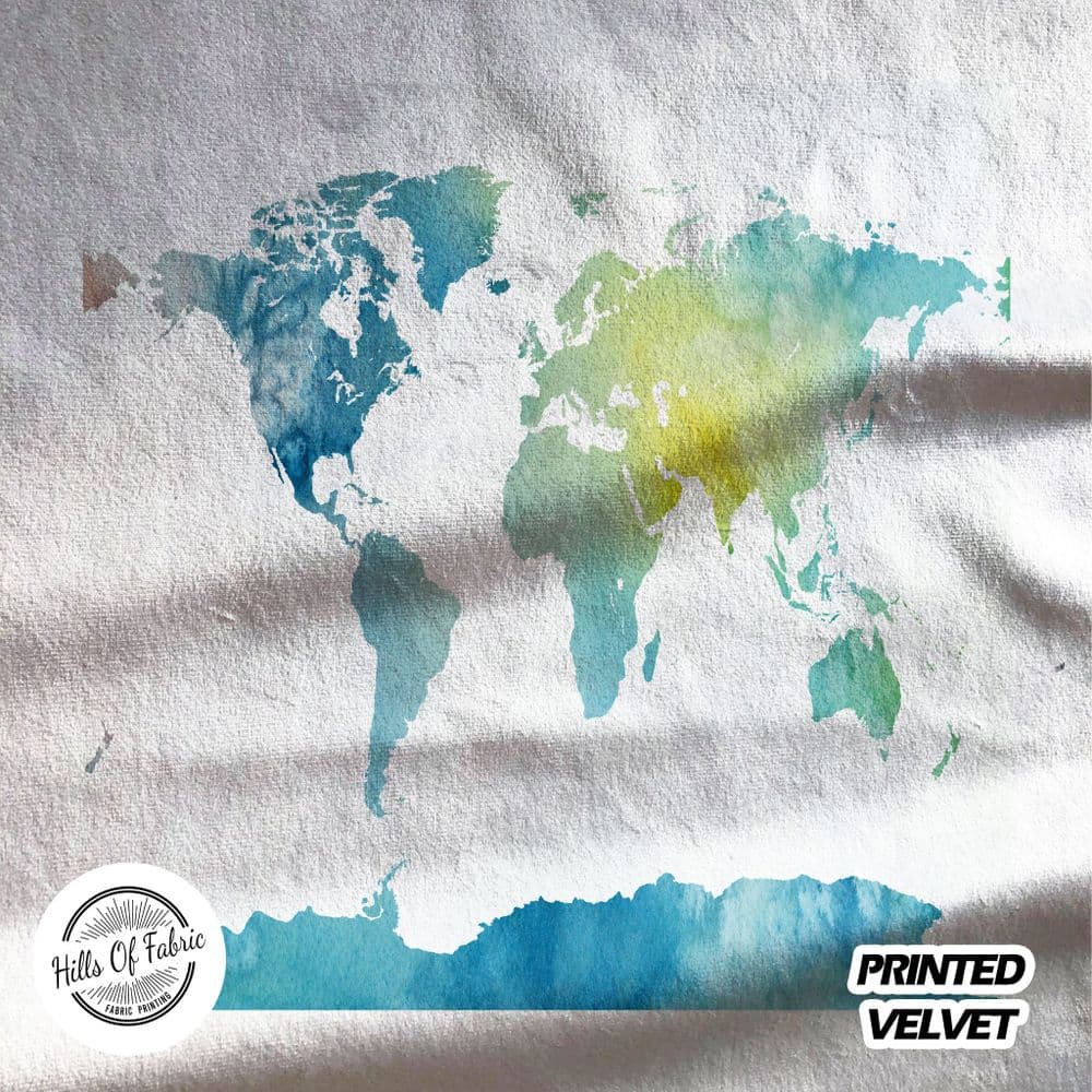 Blue world map Watercolour - Printed Fabric Panel