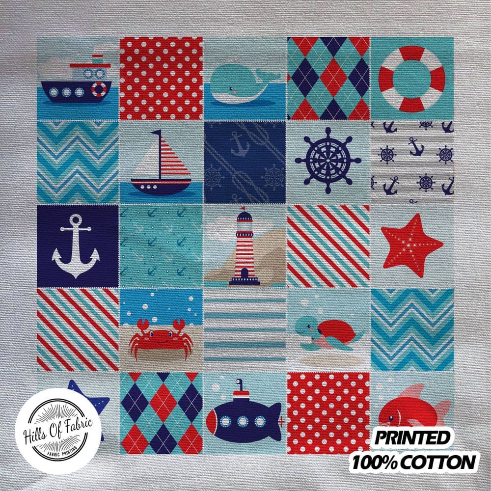 Cartoon Boat Ship Transport Patchwork Ocean Beach Sea Printed Fabric Panel