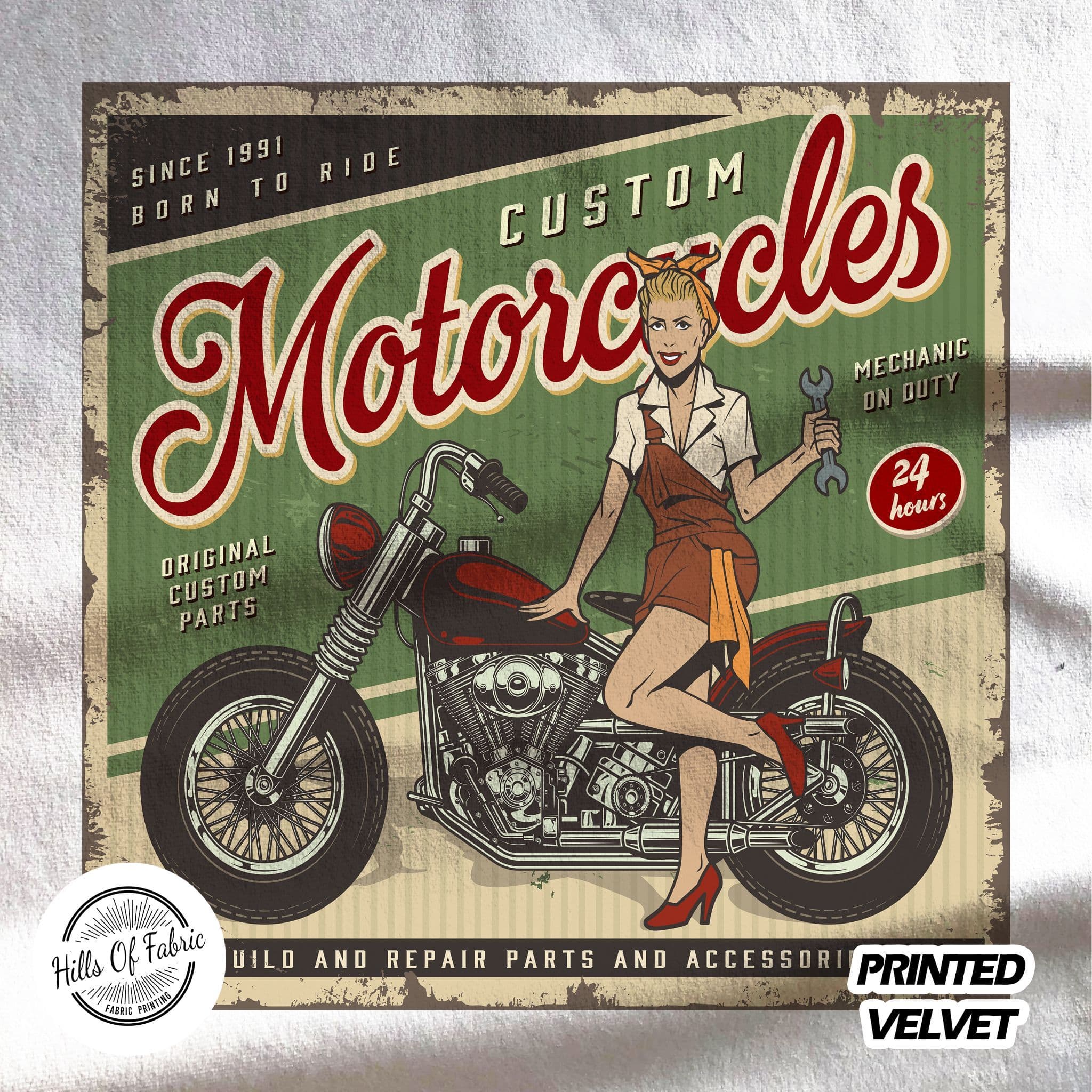Custom motorcycles Pin Up Garage - Printed Fabric Panel