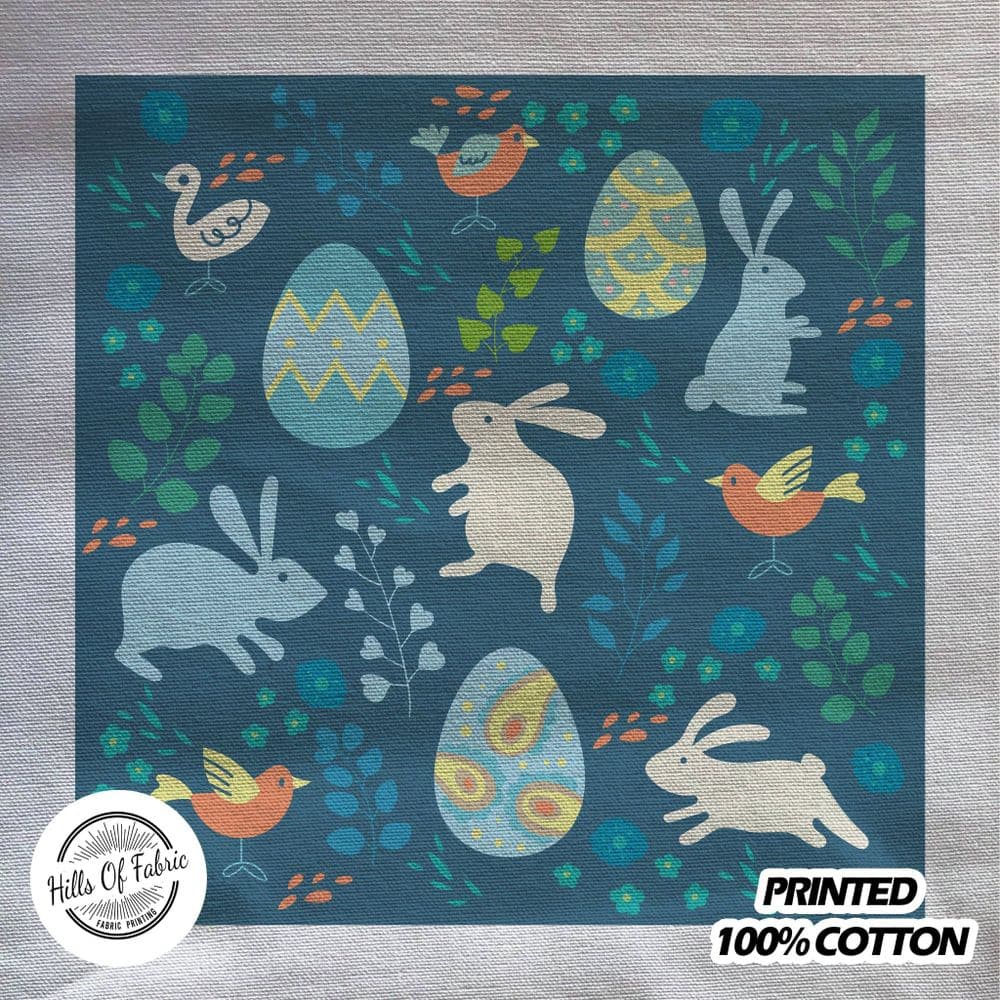 Easter Bunny Rabbit Eggs Birds Pattern Printed Fabric Panel