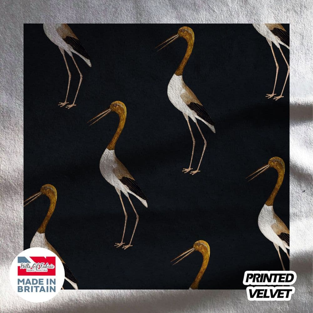 Long-legged wading Birds Pattern Gold vintage Illustration Fabric Panel