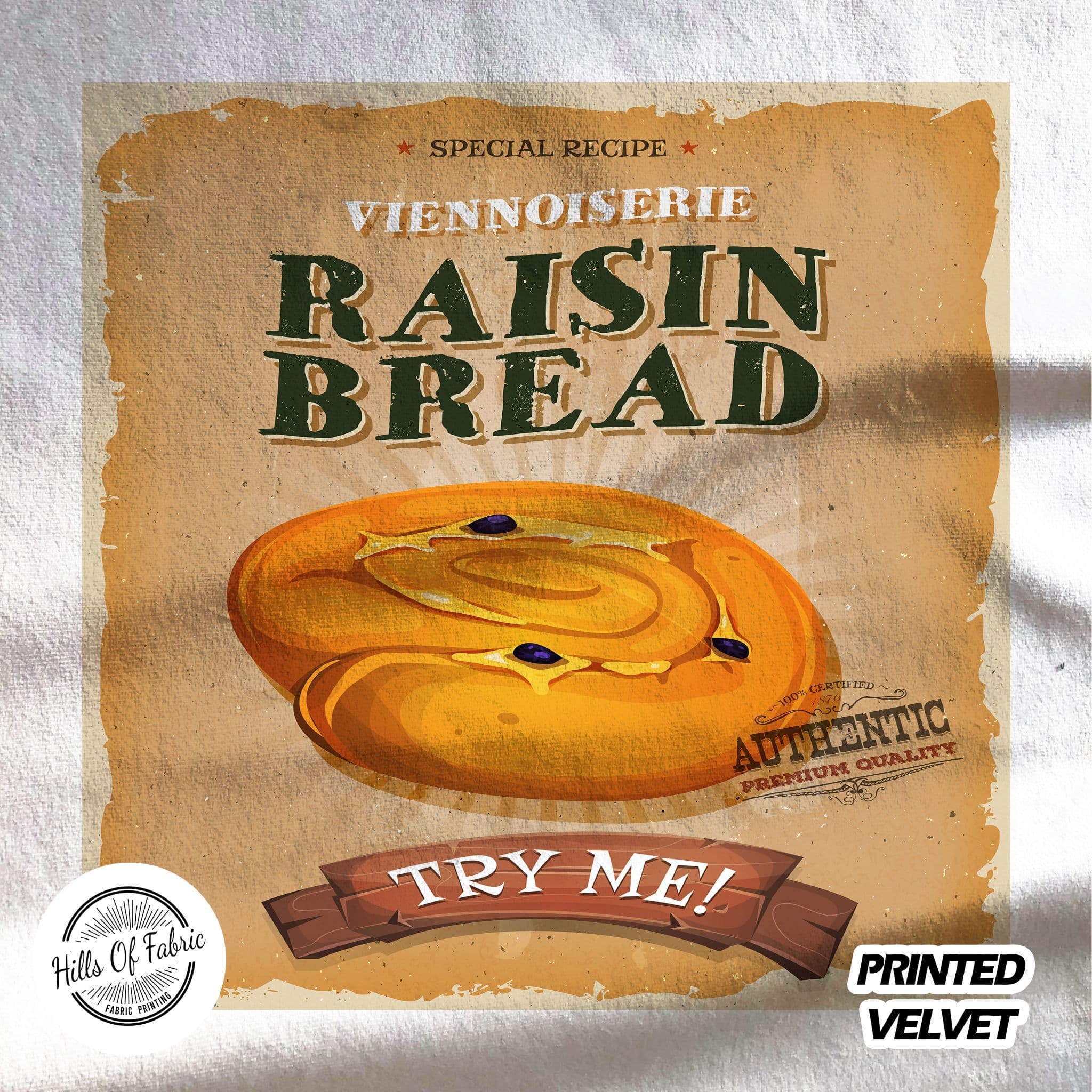 rasin bread advertisement printed fabric pannel