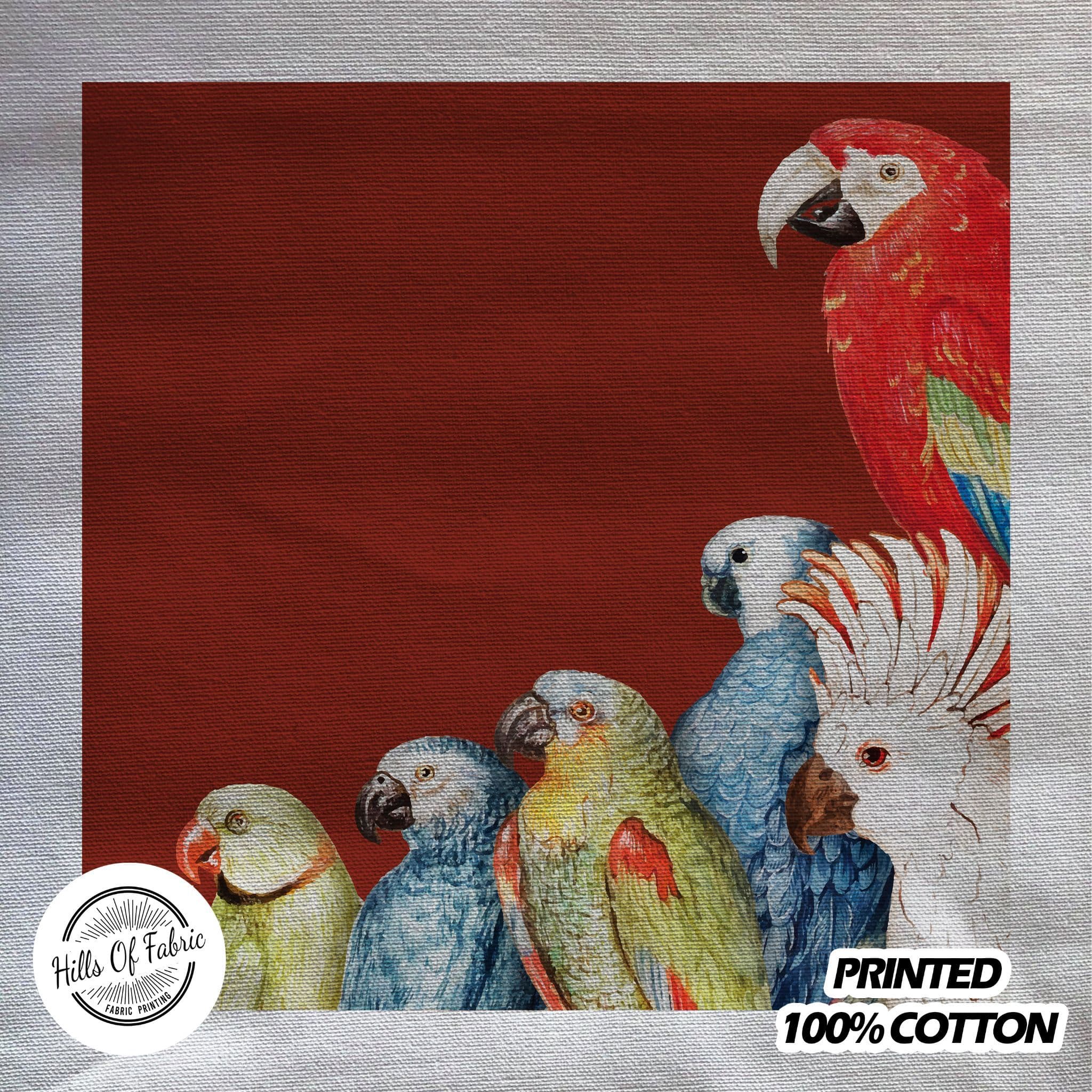 Tropical Birds parrot Jungle Red Printed Fabric Panel