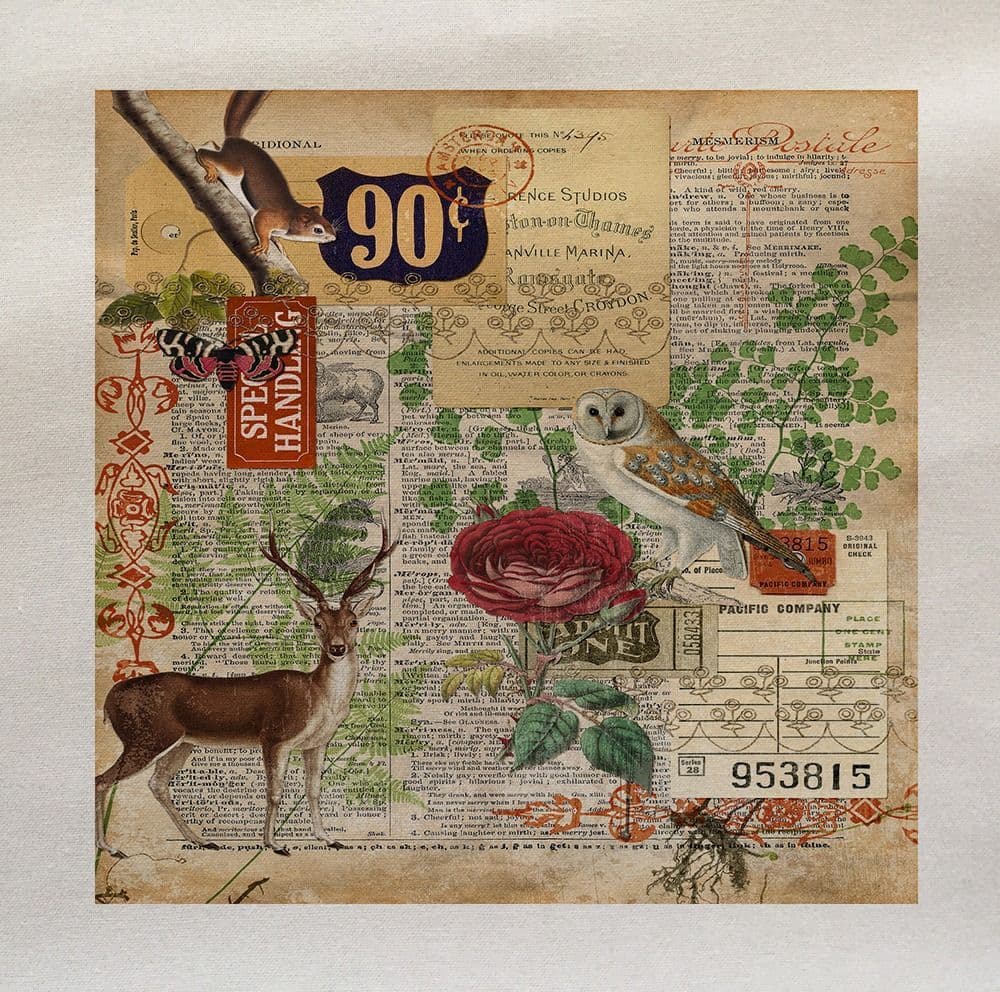 Woodland Collage Flowers Deer Stag Owl Butterfly Squirrel Vintage ...