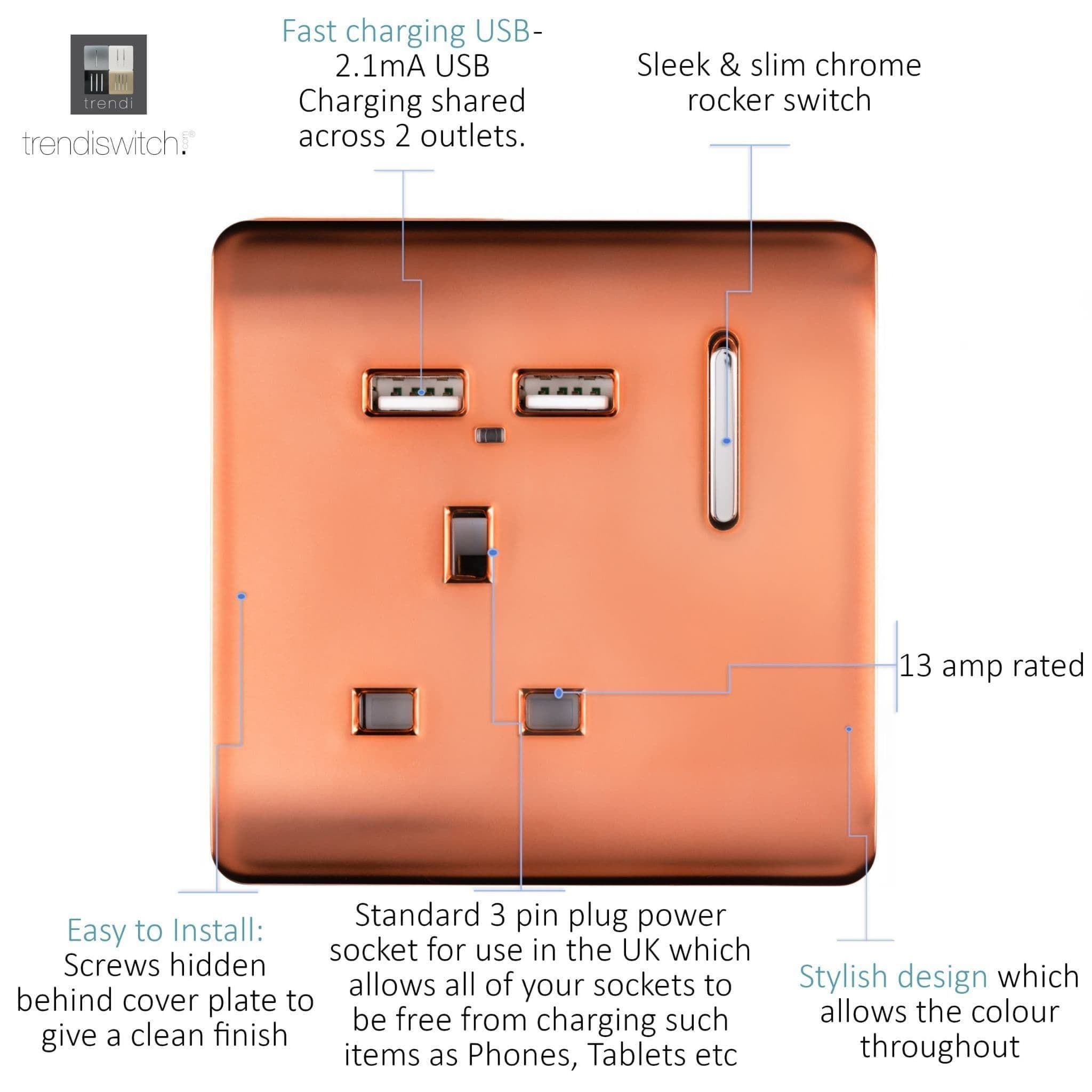 Trendi Switch 1 Gang USB 2100mA Modern Designer Plug Socket in Copper