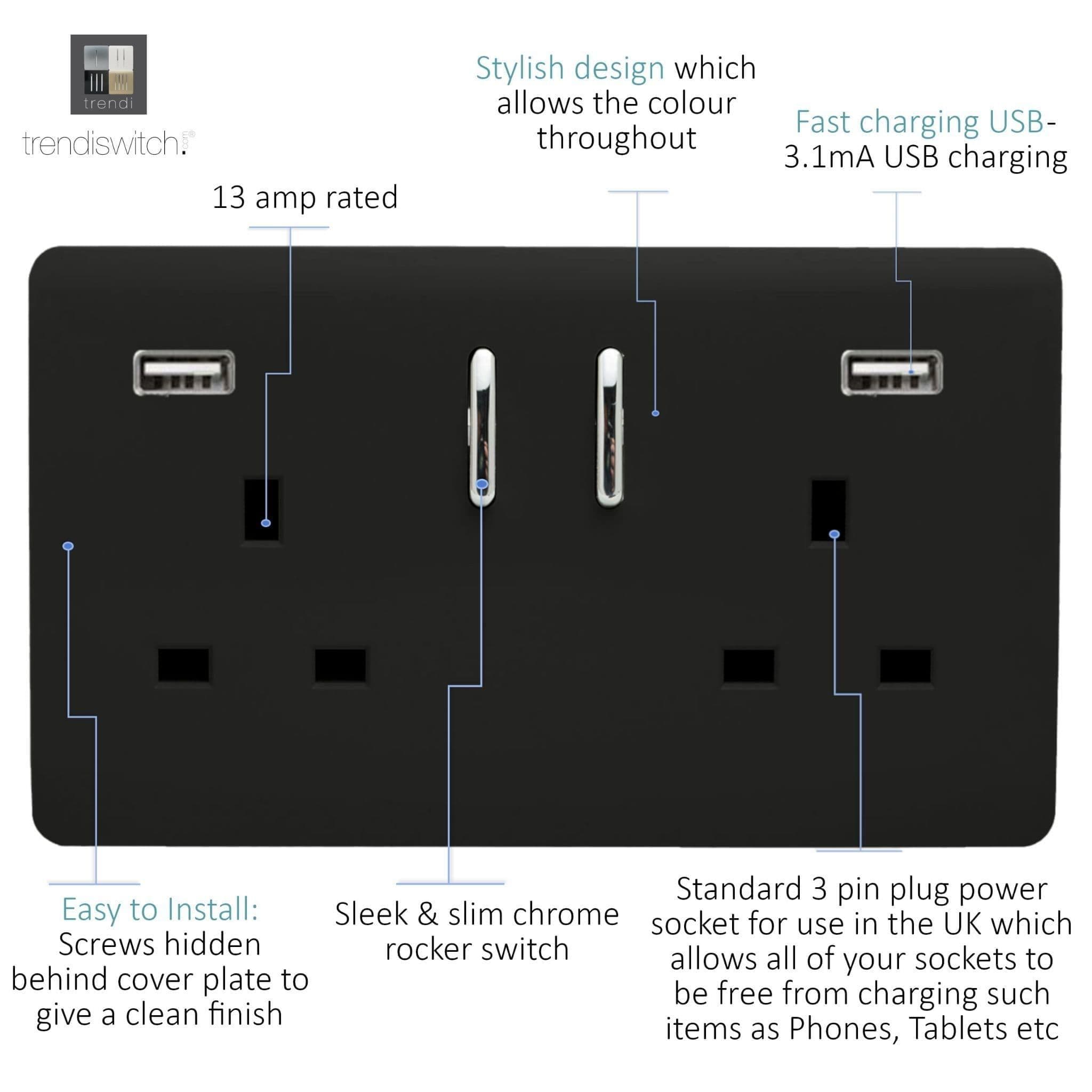 Trendi Switch 2 Gang USB 3100mA Modern Designer Plug Socket in Matt Black