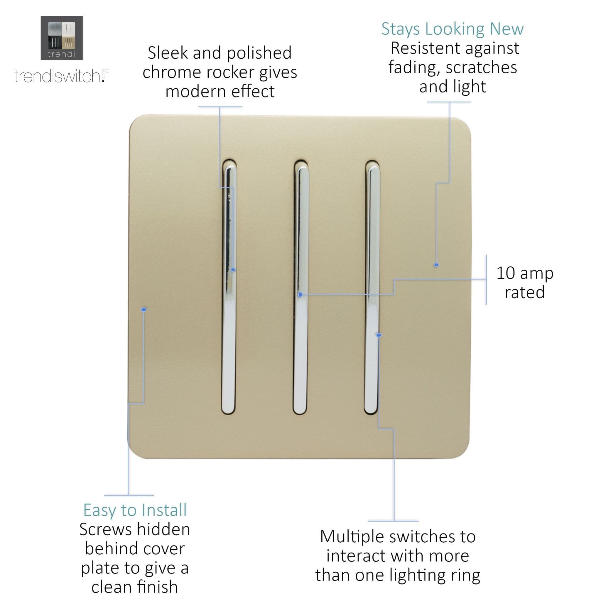 Trendi Switch 3 Gang 1 or 2 way Rocker Modern Designer Light Switch in ...