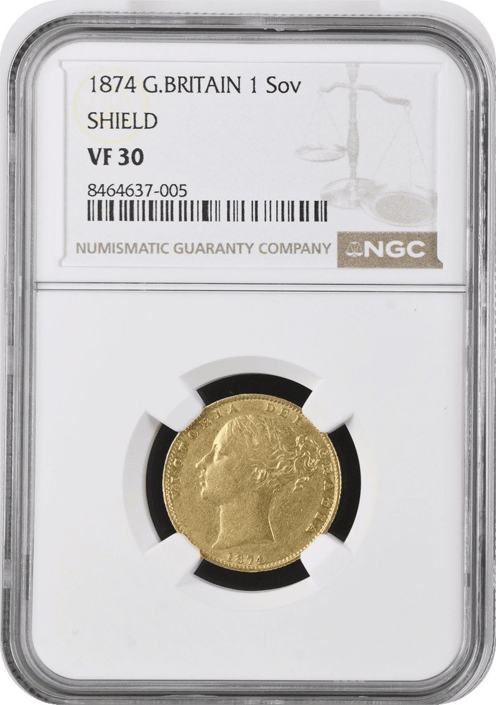 1874 London Shield Gold Sovereign R4 Very Rare VF30