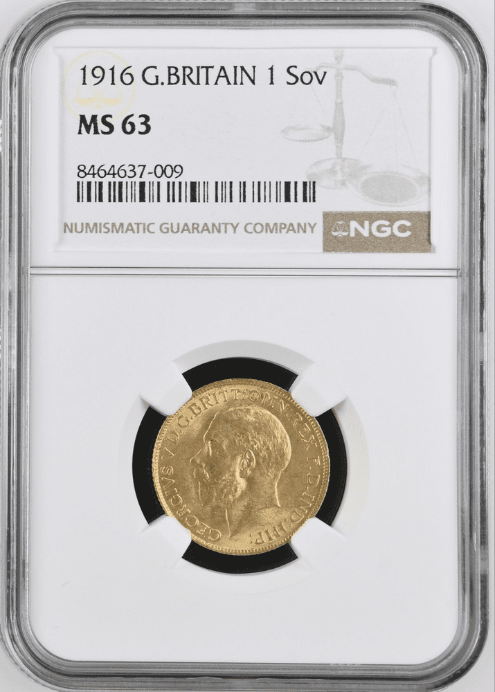 1916 Gold Sovereign Coin London Rare NGC MS63