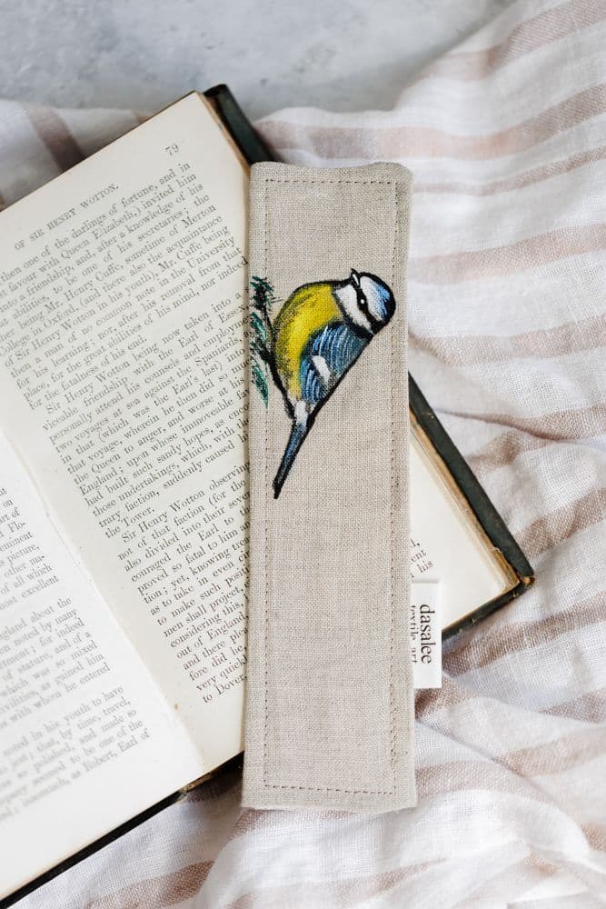 Dasalee Textile Art | Original Blue Tit Irish Linen Bookmark | Handmade ...