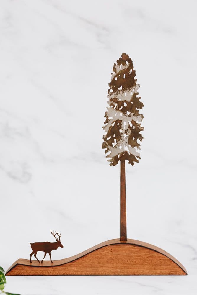 David Mayne Sculptor | Hillside with Stag | Tree with Deer Steel & Wood Sculpture