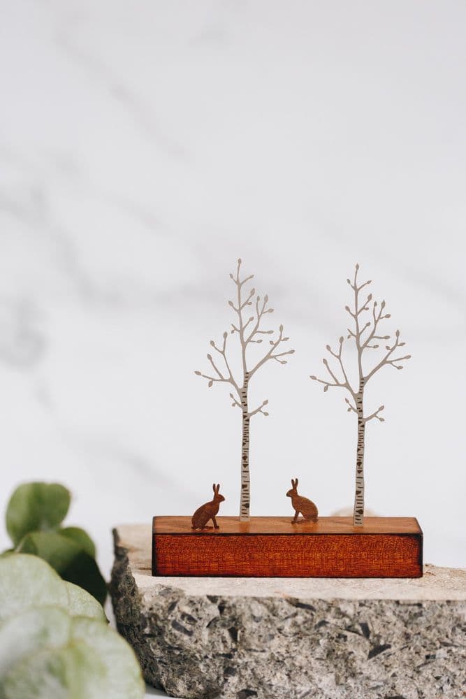 David Mayne Sculptor | Silver Birch with Hares | Miniature Steel & Wood ...