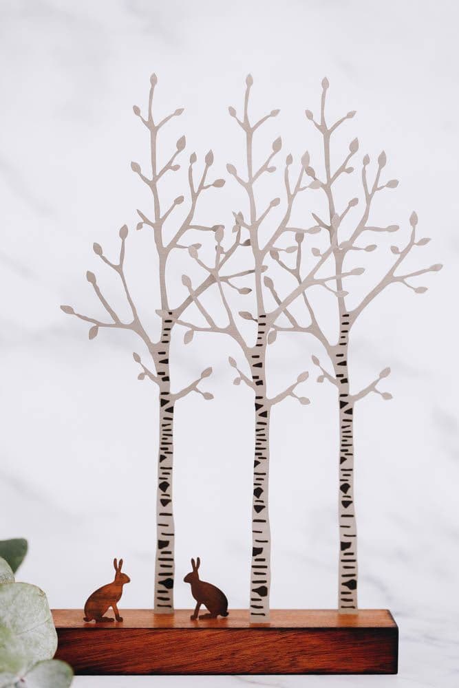 David Mayne Sculptor | Silver Birch with Hares | Steel & Wood Forest ...