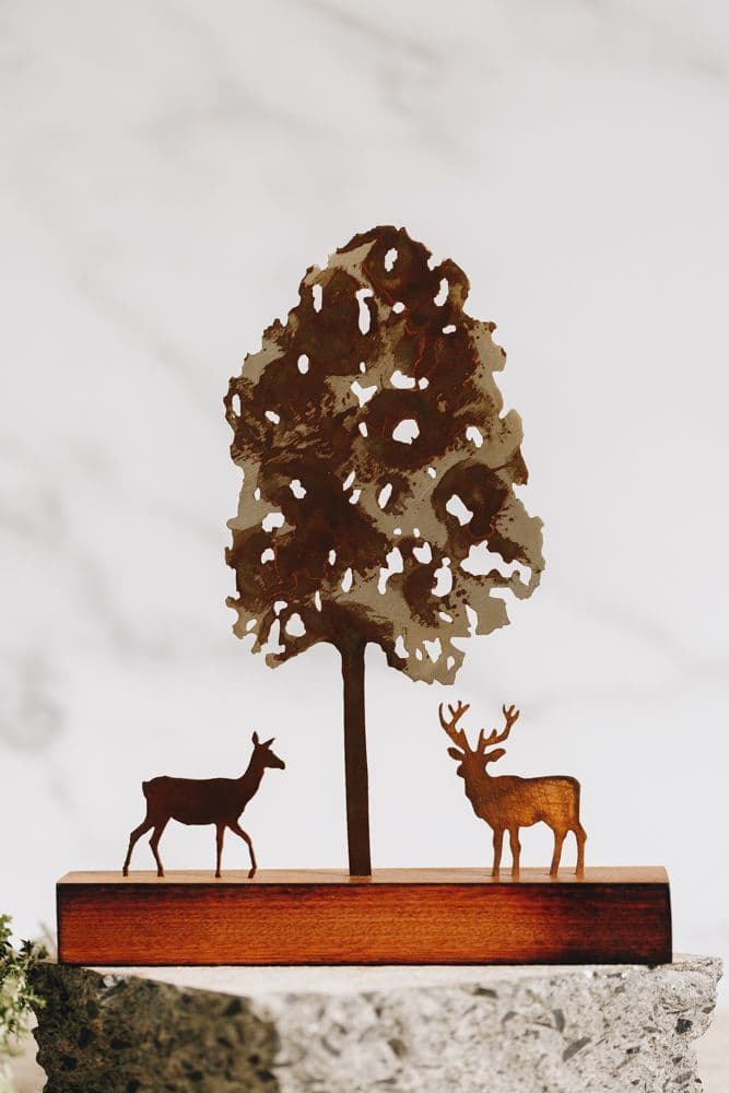 David Mayne Sculptor | The Meeting | Steel & Wood Deer with Tree Sculpture