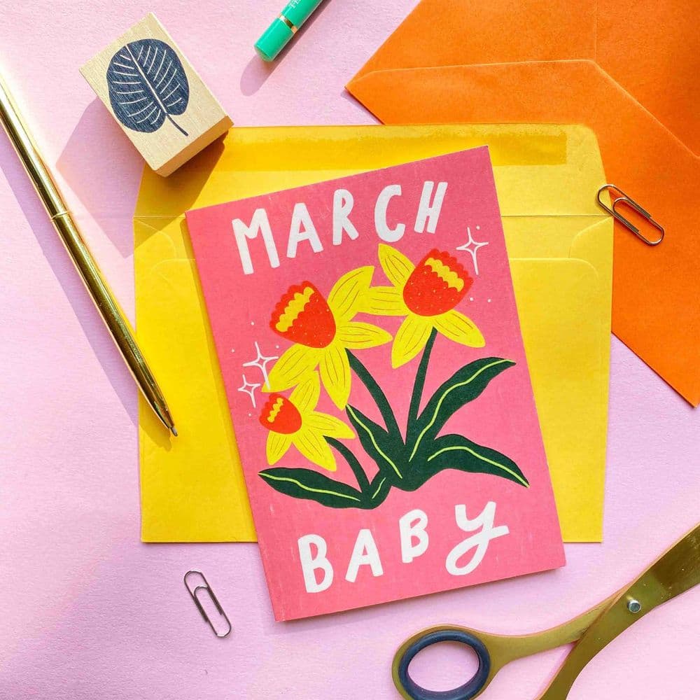 Kerrie McNeill Illustrates Cards | March Baby Card | New Baby Month Cards