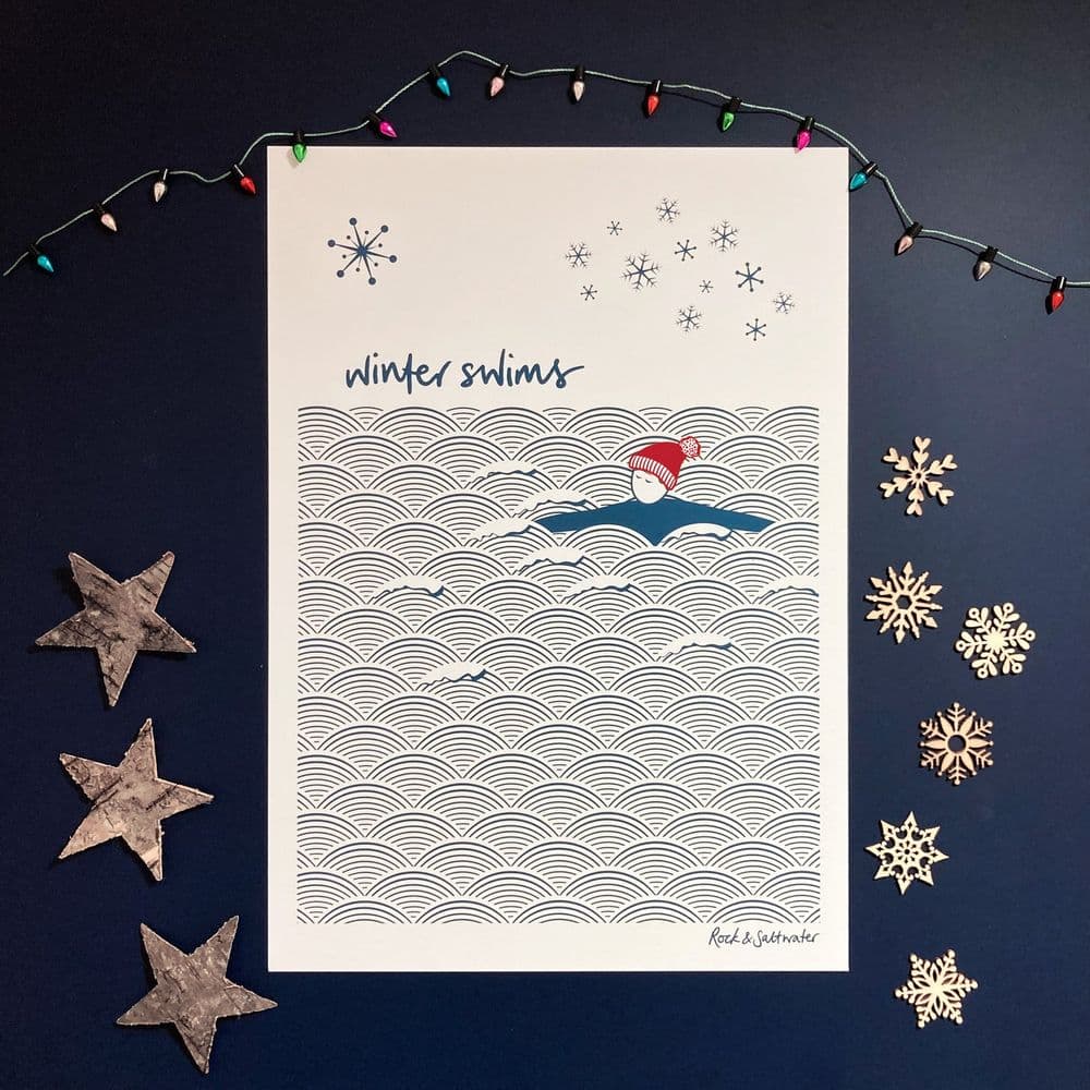 Rock & Saltwater | A4 Winter Swimming Print | Wild Swimming Art ...
